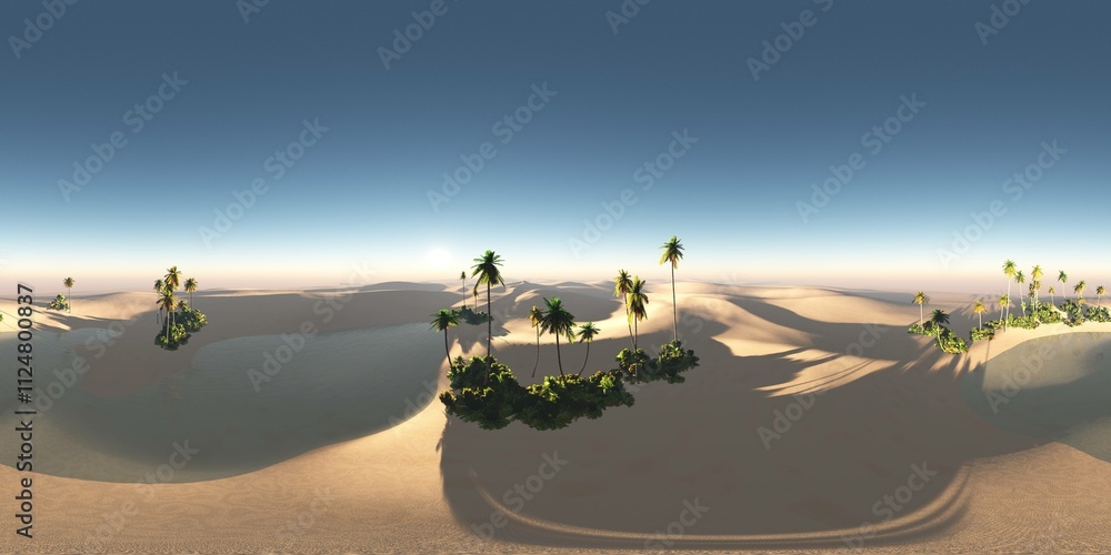 ภาพประกอบสต็อก Oasis at sunset in a sandy desert. Environment map. HDRI ...