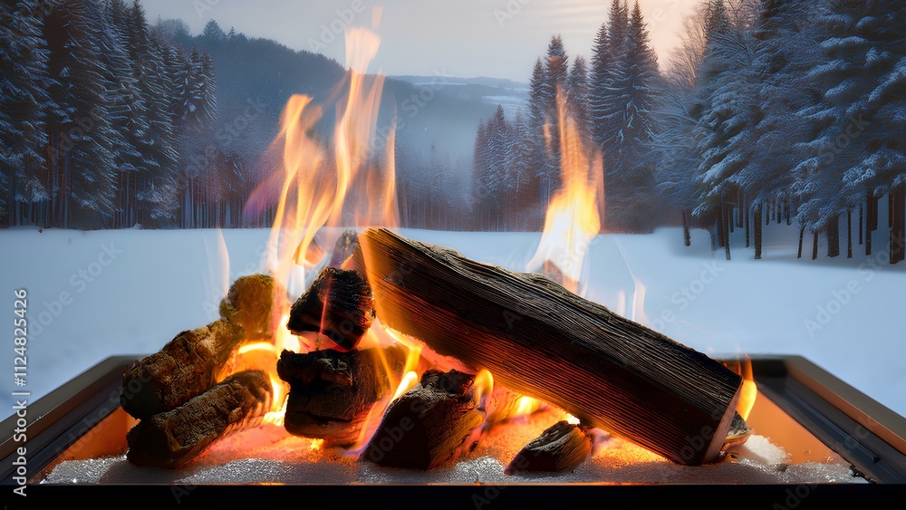 Fireplace in a room with large windows, against the background of ...