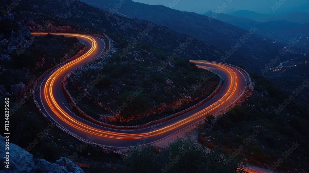 Aerial panoramic view of curvy mountain road with trailing lights at ...