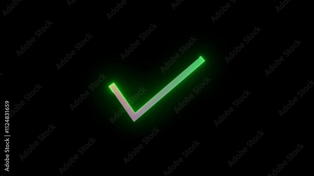 Glowing neon light check mark icon ,on the mark of the completed case ...