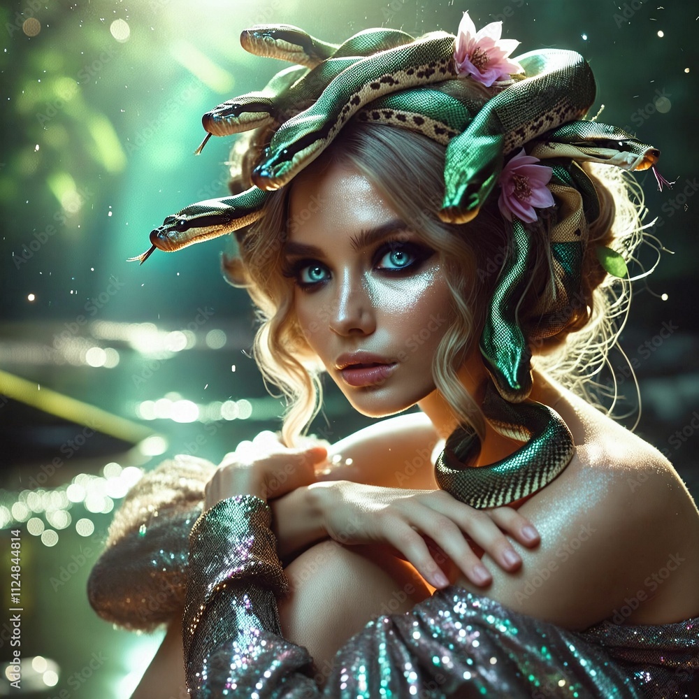 Portrait photo of Medusa. Woman with snakes on her head instead of hair ...