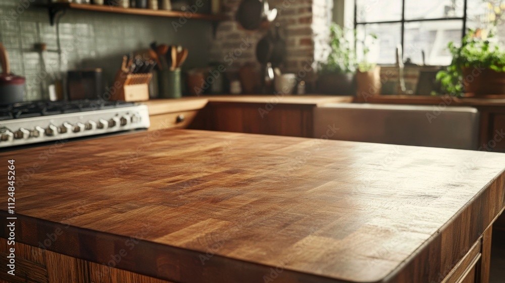 Aged butcher block tabletop in a rustic kitchen: rich maple and honey ...