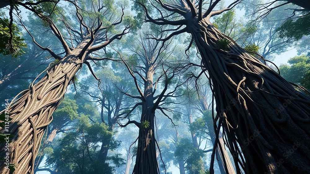 Towering trees with aerial roots and epiphytes , prehistoric plants ...