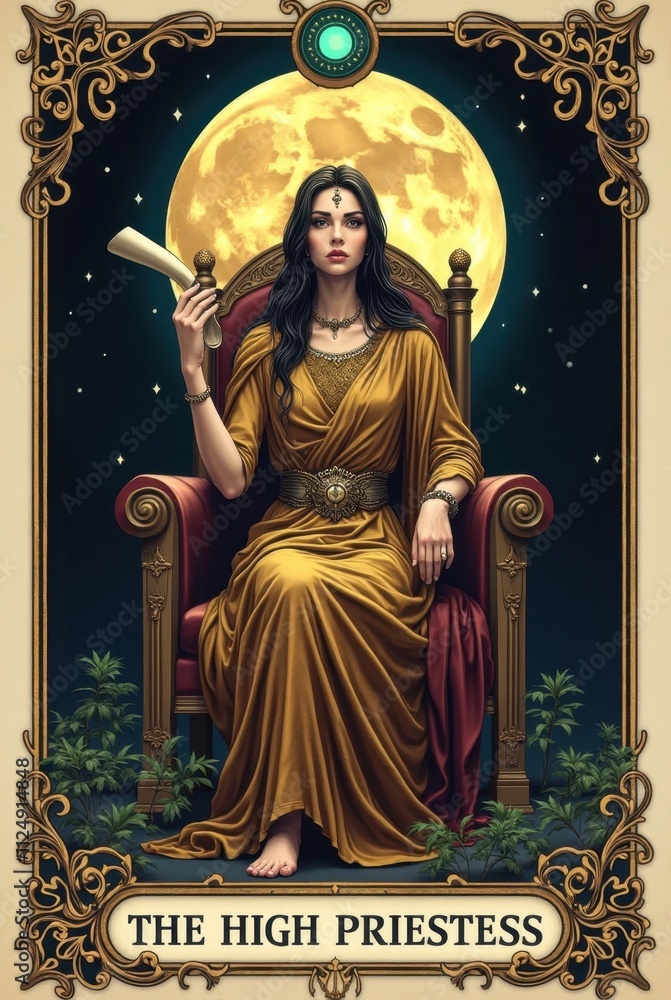 The High Priestess Tarot Card with Throne and Scroll Stock Illustration ...