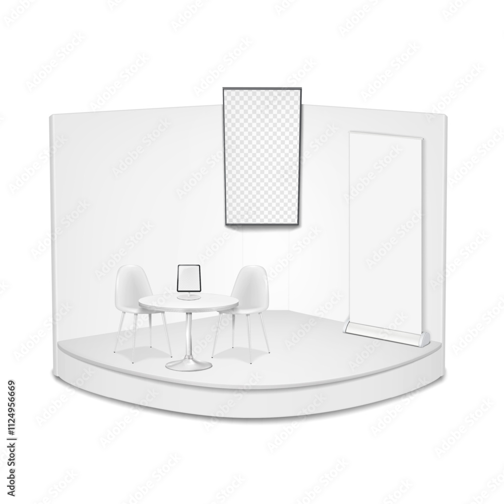 Exhibition set template. White trade show corner booth with video TV ...