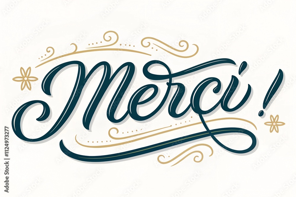 Elegant "Merci" lettering with classic flourishes and gold accents. A ...