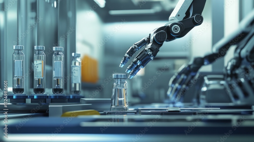Fully automated pharmaceutical lab line, robotic arms handling samples, AI analyzing purity ...