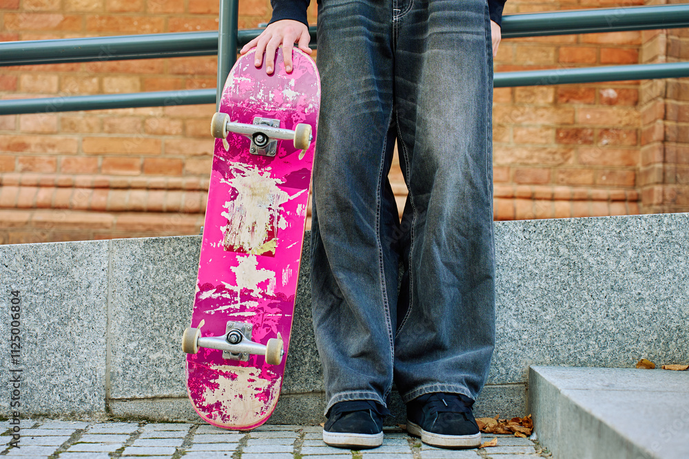 Skateboarder in baggy jeans holding scratched pink skateboard at city ...