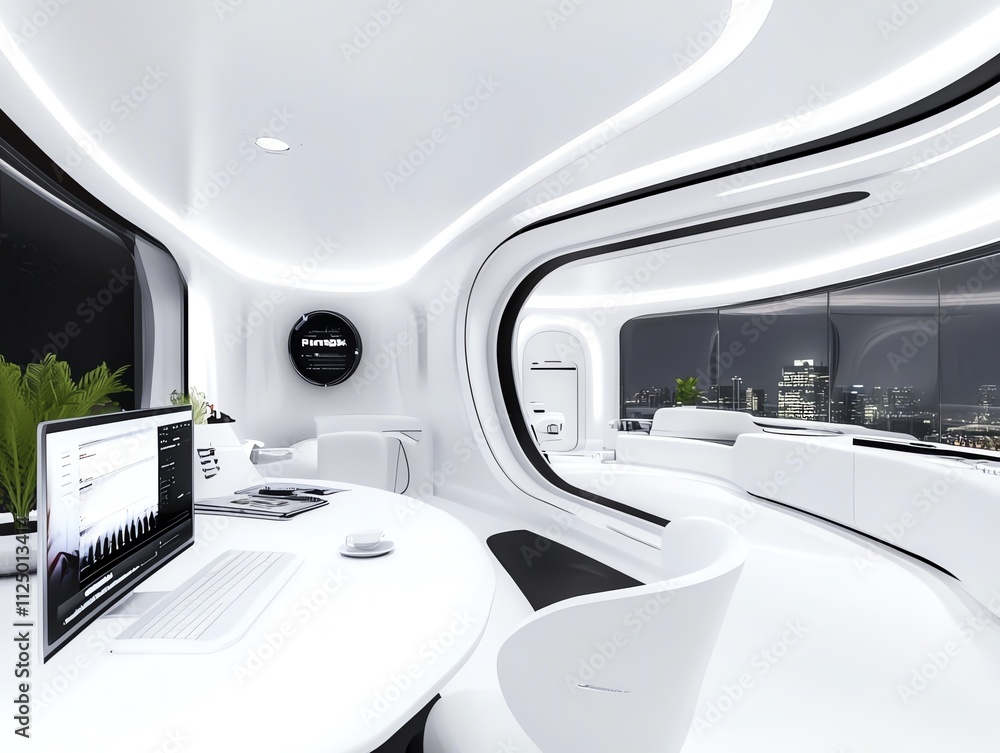 Futuristic workspace with zerogravity zones and conceptual designs ...