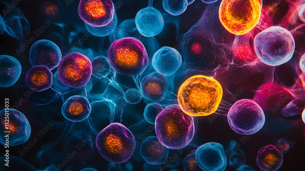 Blood cells illuminated in vibrant colors, each one appearing to have a ...