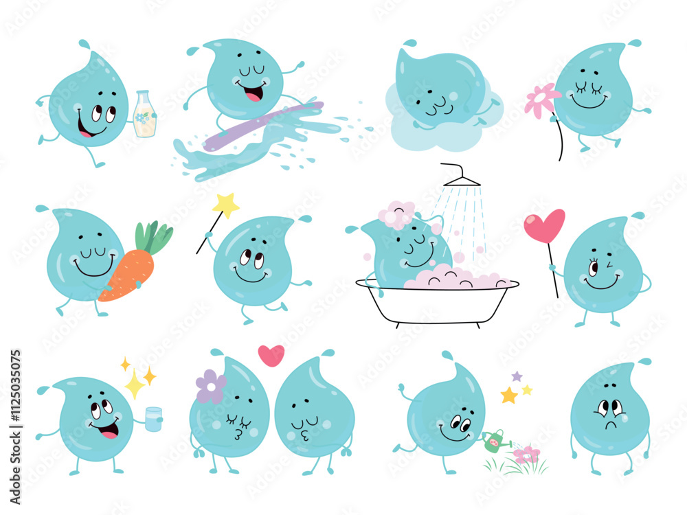 Cartoon water drop characters. Funny positive drops in different poses ...