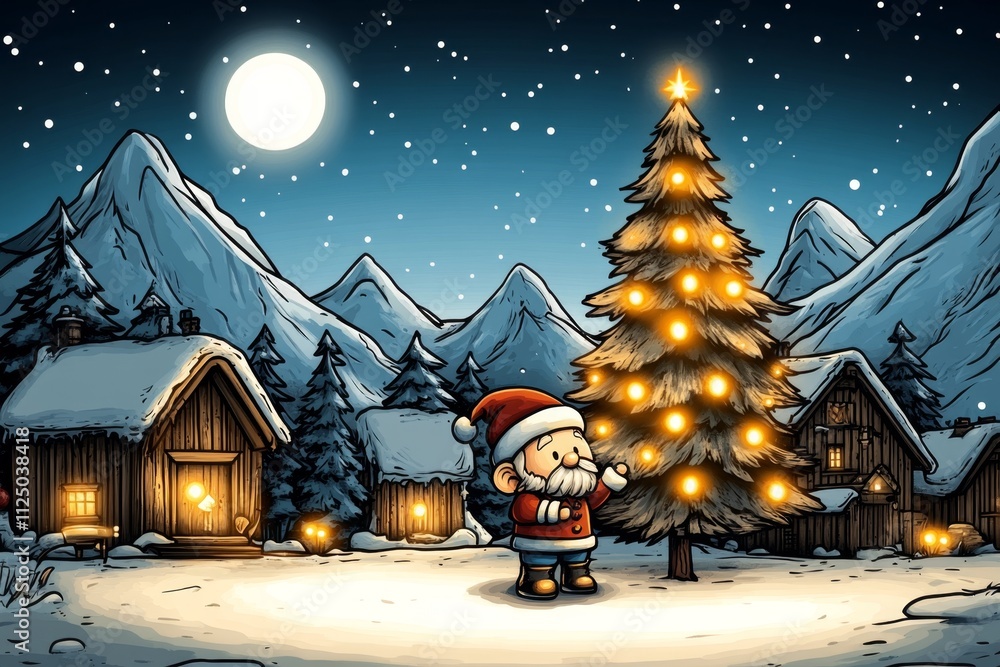 A pixel art dwarf decorating a Christmas tree in a snowy 8-bit village ...