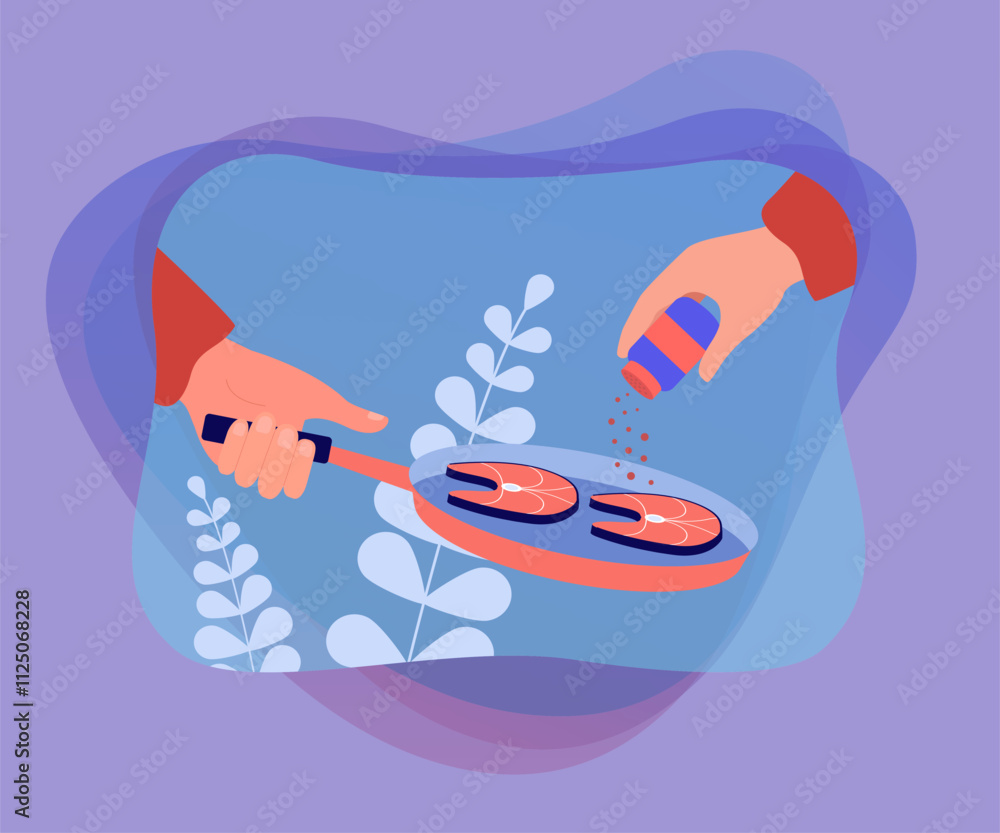 Hands holding seasoning bottle and frying pan with fish. Person cooking ...