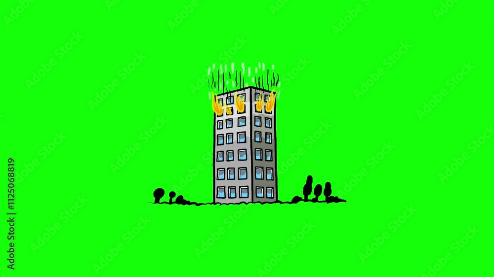 Block building burning green screen background. Cartoon fire flame ...