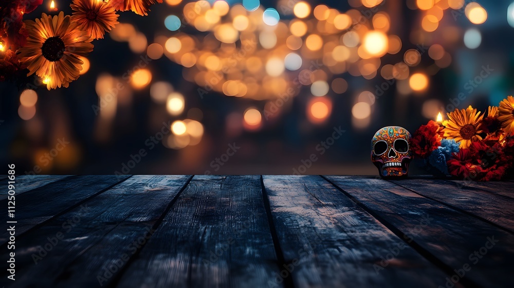 Empty dark wood table top with blurred bright dias de los muertos ...