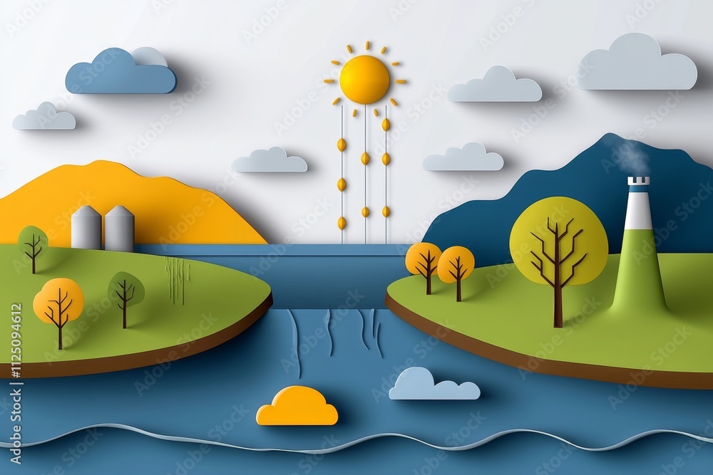 An abstract depiction of the water cycle, with minimal icons for rain ...