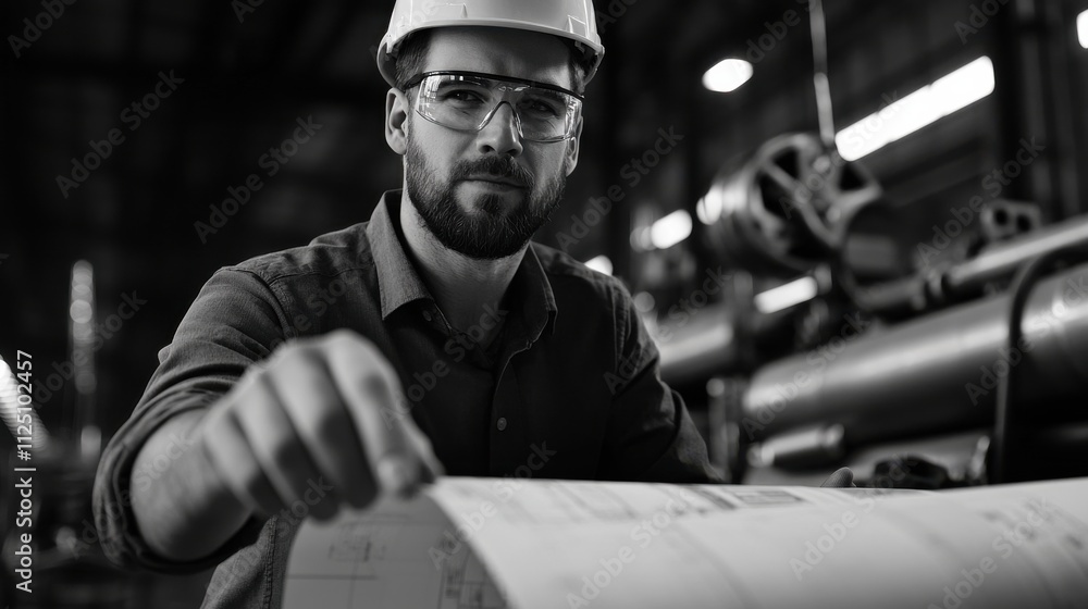Engineer reviewing industrial plans manufacturing facility professional ...