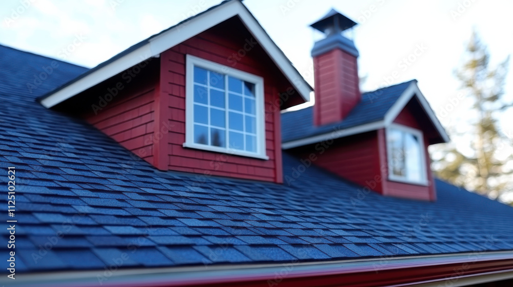 Beautiful red house with sloping roof and two dormer windows ...