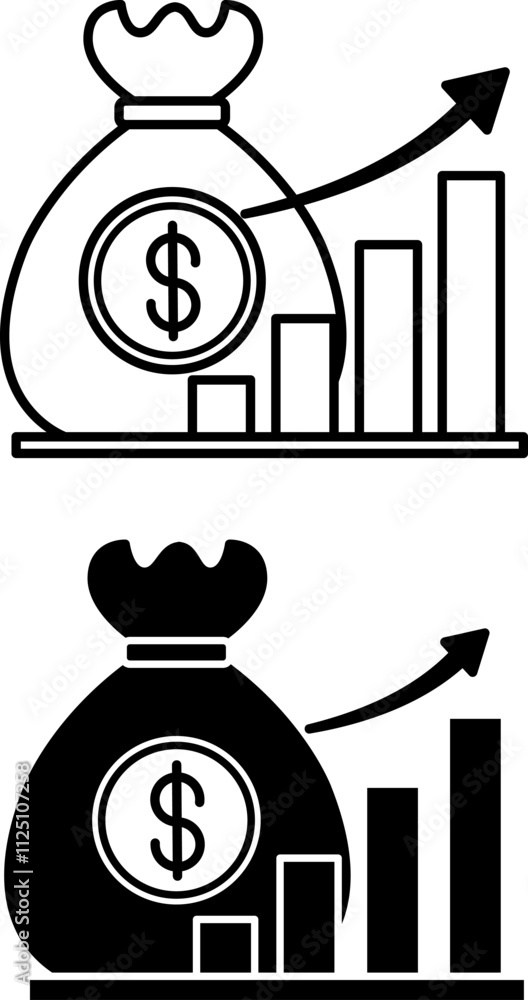 Earnings Icons. Black and White Vector Illustrations. Money Bag and ...