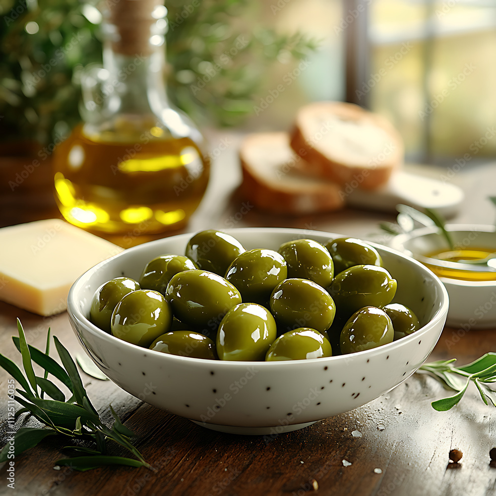 A gourmet presentation of olives and olive oil, plated with fresh herbs ...