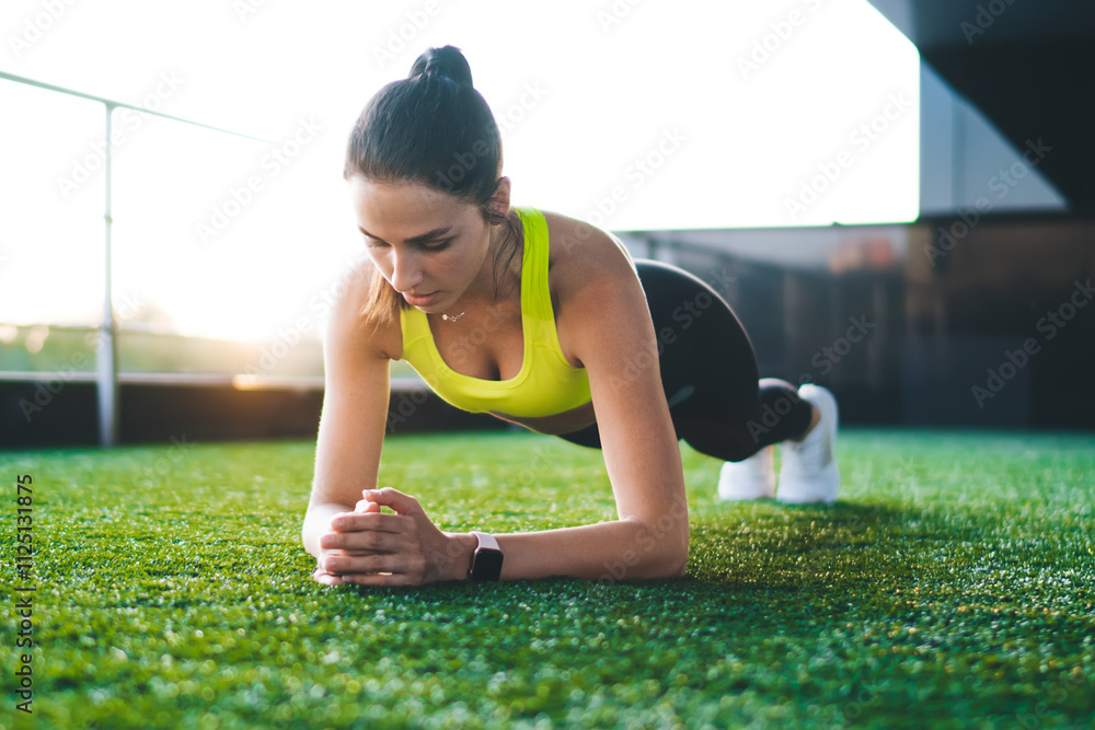 Concentrated female athlete in activewear doing plank exercises ...