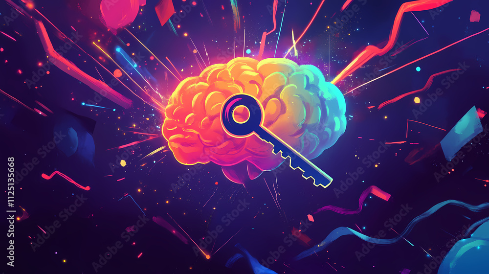 Infinite intelligence, a key unlocking a brain, with streams of ...