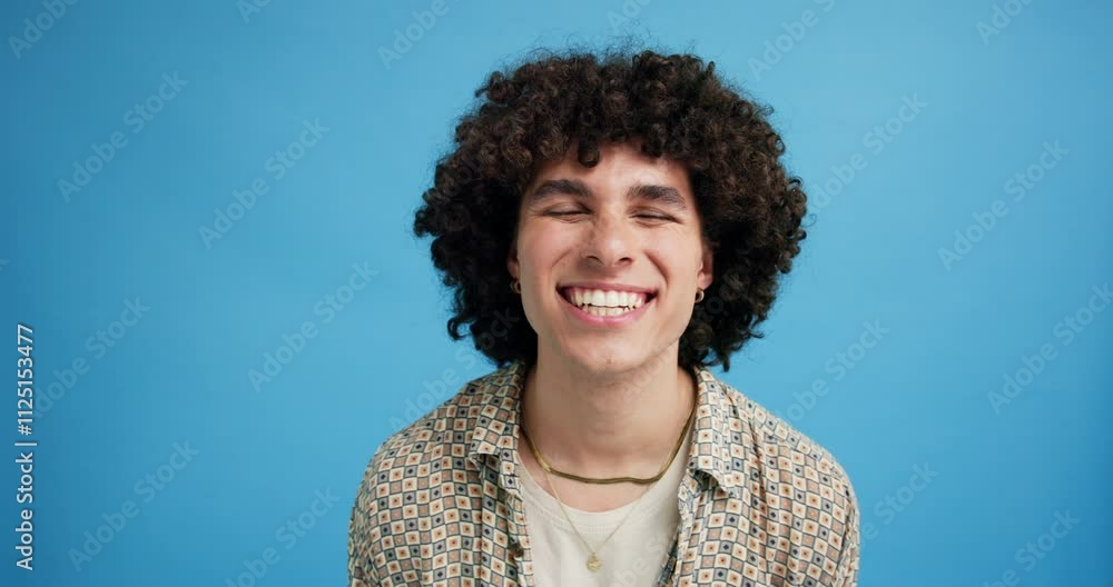 Laughing, youth and face of man in studio for gen z meme, crazy student ...
