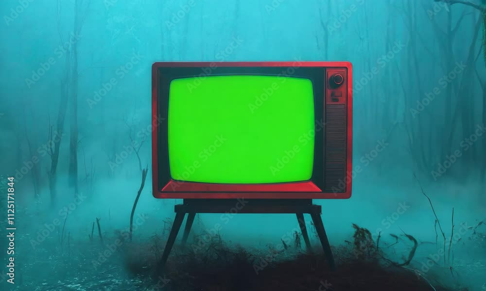 A retro television emits a vibrant green screen light, set against a ...