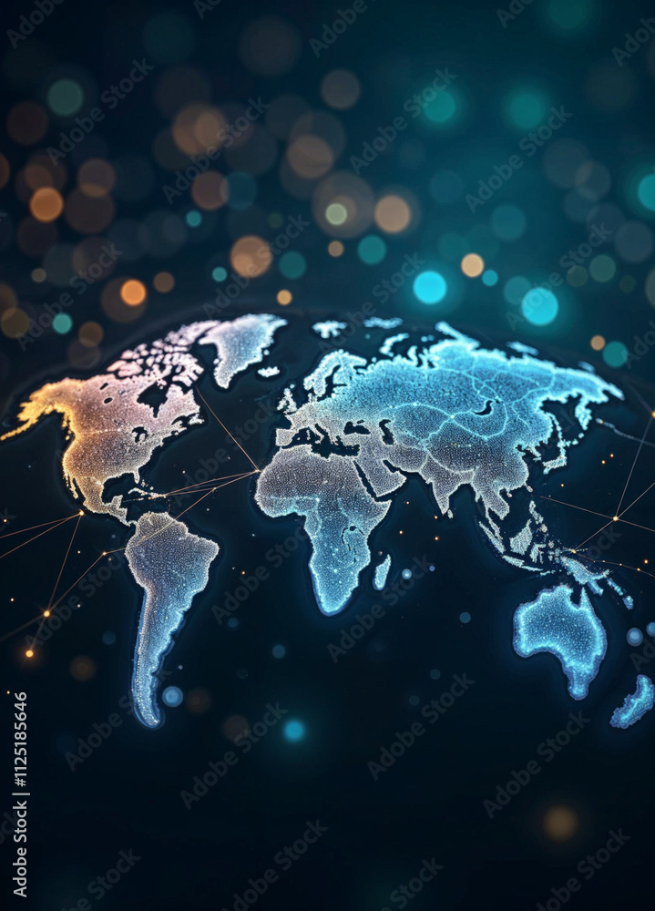 world map with network connections lines and dots is glowing on dark ...