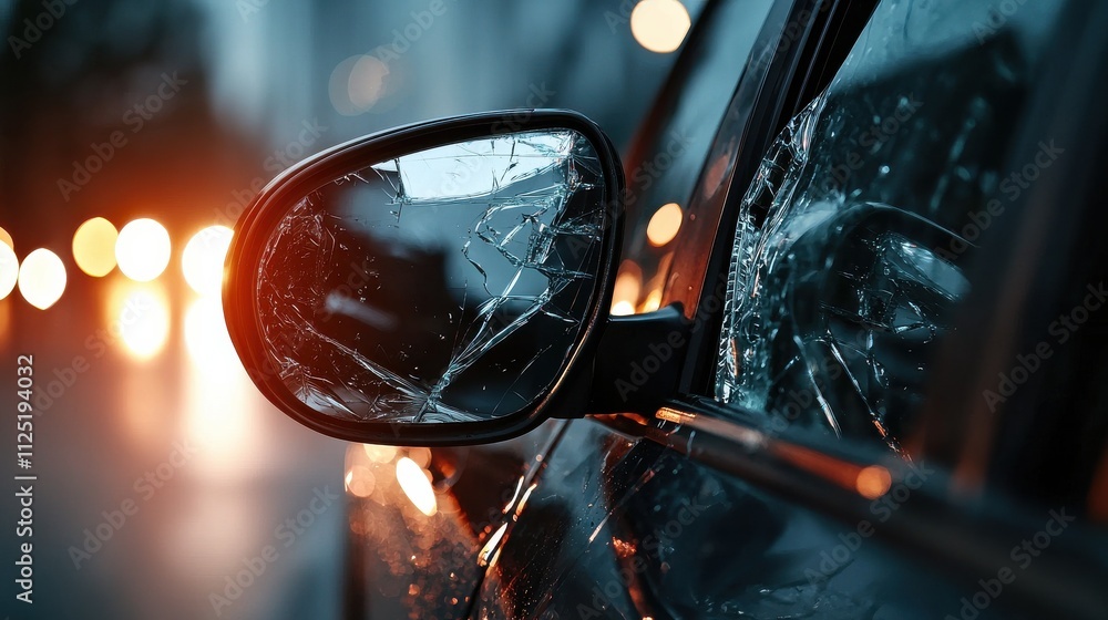 Accident analysis damaged car door and mirror urban street close-up ...