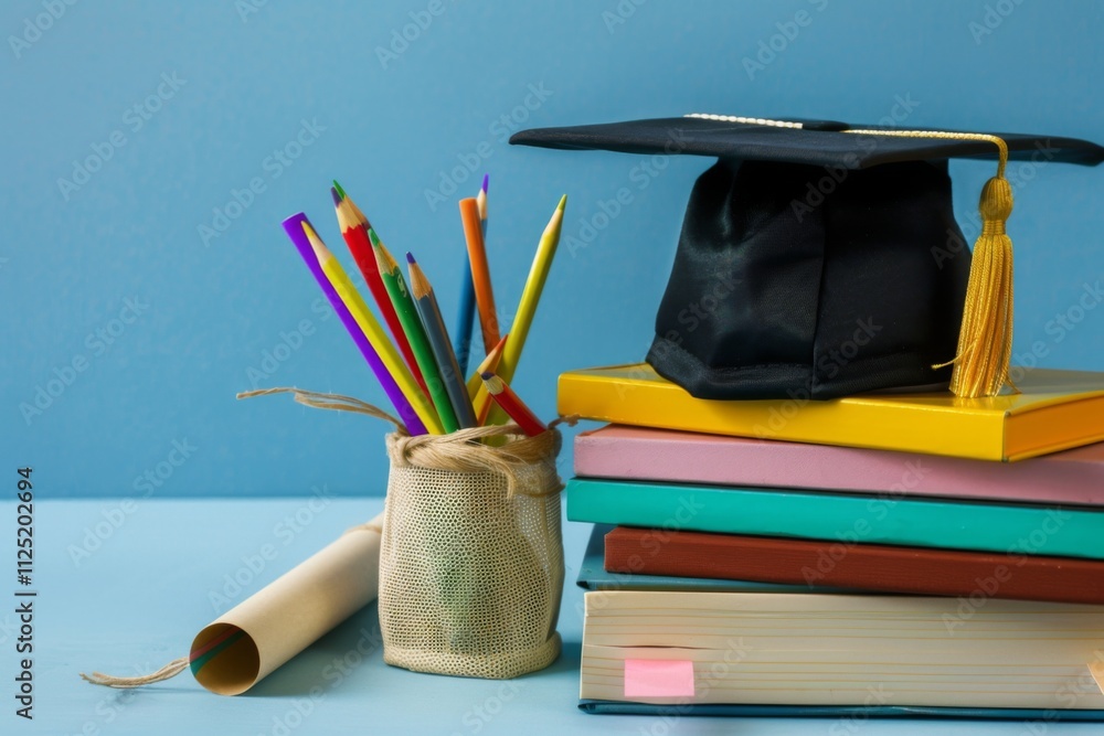 On graduation day a stylish mortarboard sits atop a vibrant stack of ...
