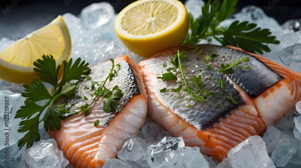 Fresh salmon fillets displayed in fish market, showcasing vibrant ...