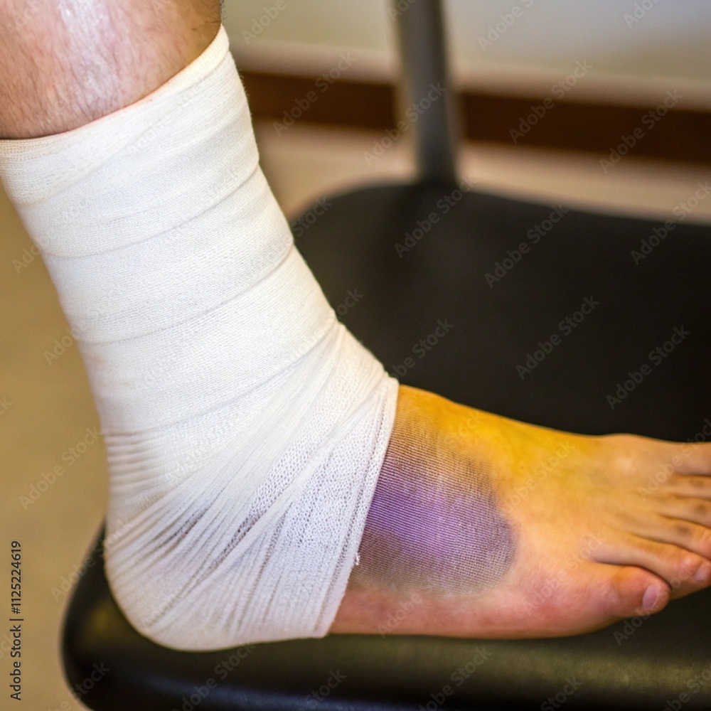 Ankle injury with swelling and pain Close-up depiction of an injured ...