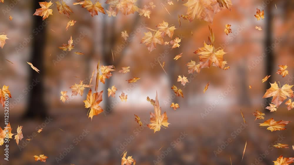 Autumn leaves gently falling on forest ground in golden light ...