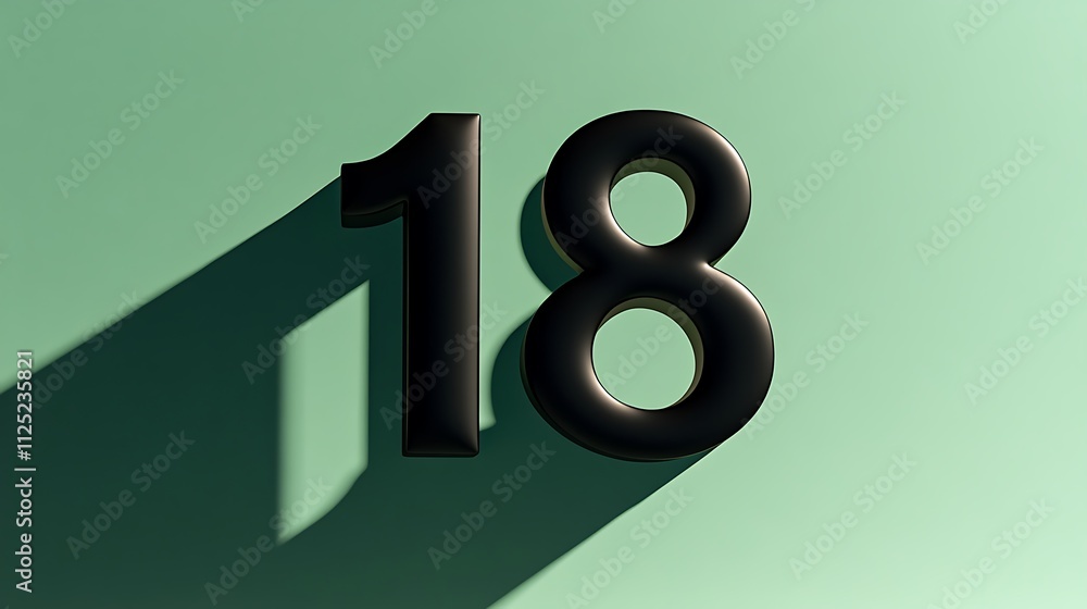A bold 3D number "18" in matte black, casting soft shadows on a solid ...