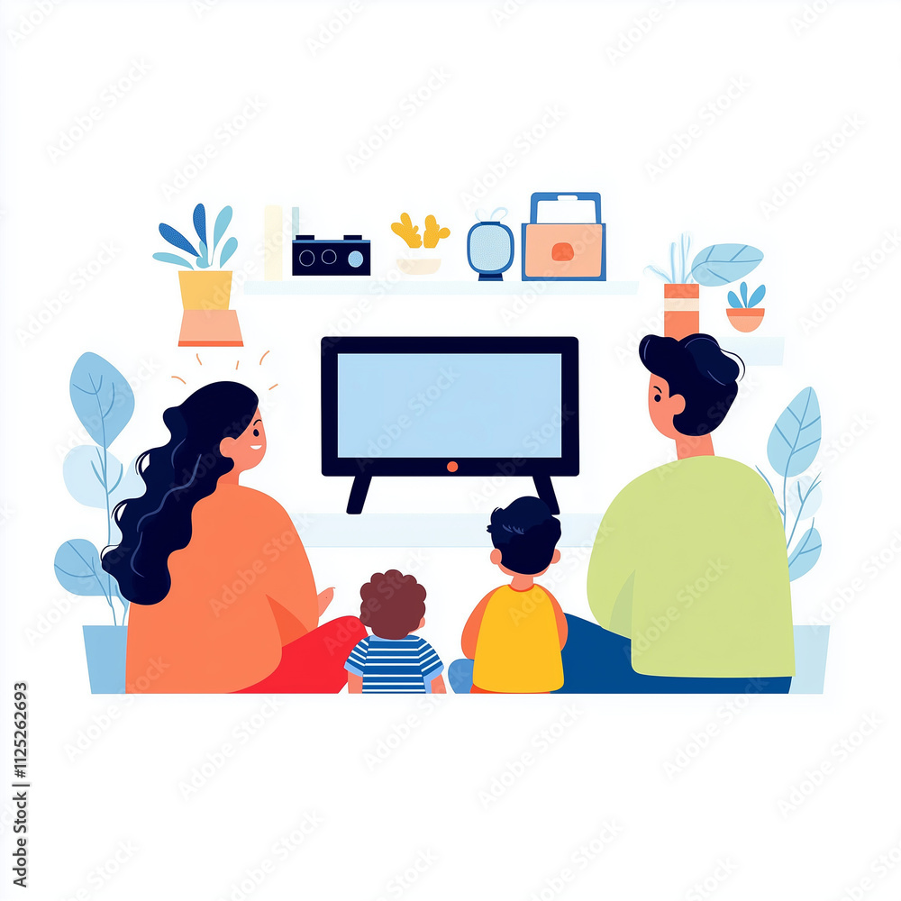 Cartoon illustration of a happy family sitting on a sofa in the living ...