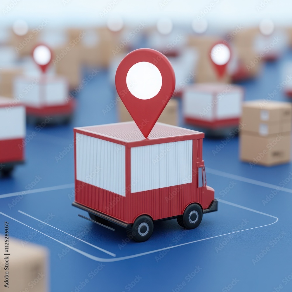 Red Delivery Truck with Location Pin on a Blue Background Surrounded by ...