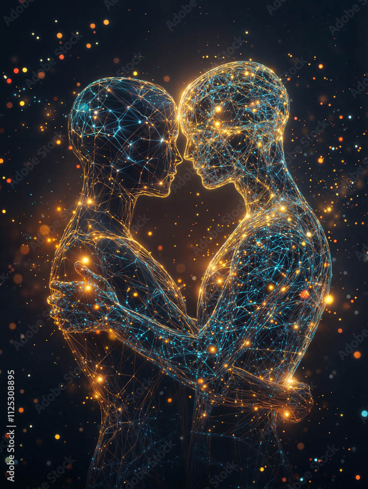 The image depicts two digital human figures embracing, with their ...