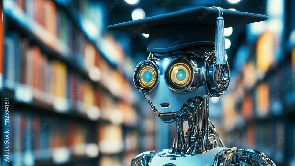 A robot wearing a graduation cap observes rows of books in a well lit ...