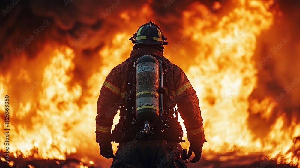 Firefighter standing in front of a massive fire, wearing full gear and ...