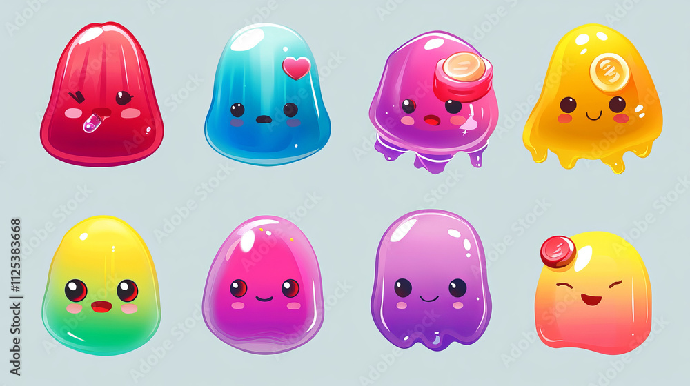 Cute jelly cartoon characters for game or app. Set of funny slime faces ...