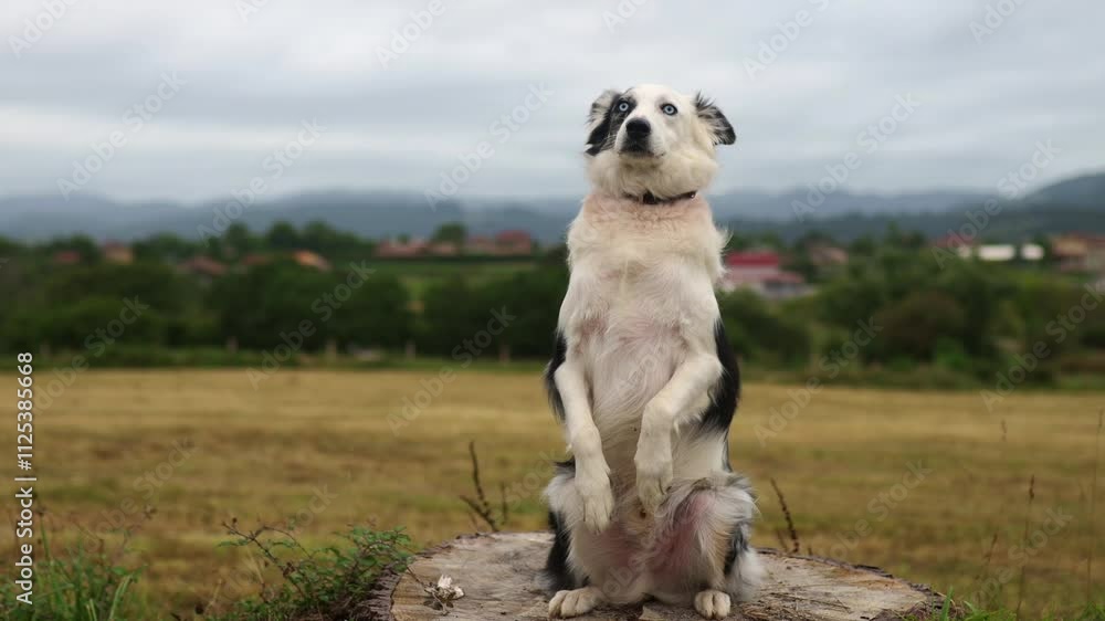 border collie sitting on its hind legs with the front legs up. Summer ...