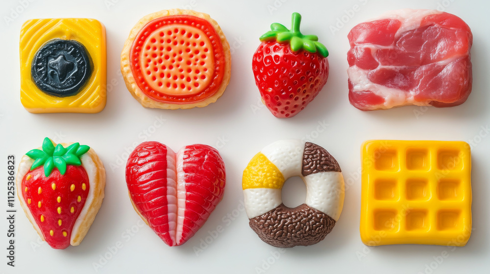 Game buttons with texture of food, strawberry, waffle, cheese and donut ...