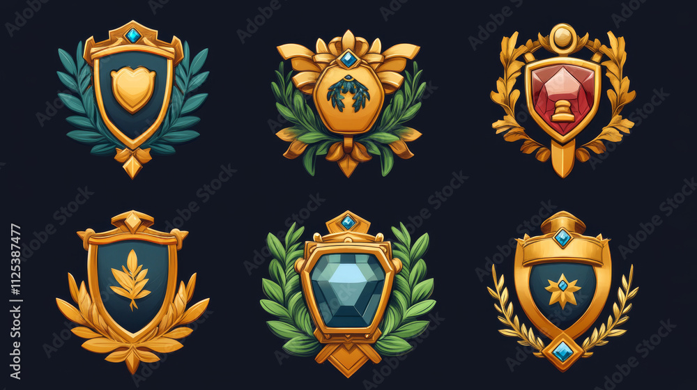 Gold award badges for win in game. Vector cartoon icons of golden ...