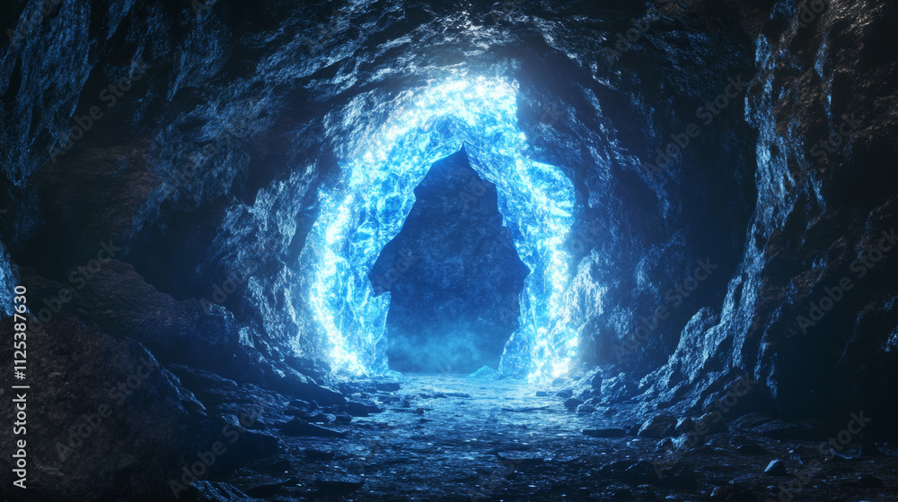 Magic glowing portal door in underground dark cave with blue gem stone ...
