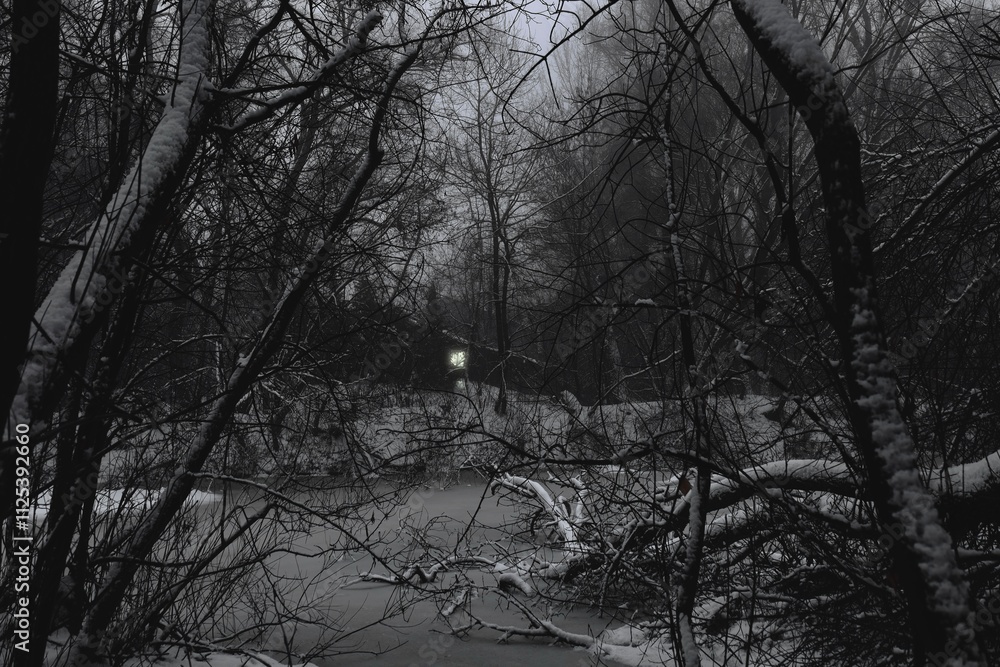 Lonely house in the woods, horror movie atmosphere, light in the ...