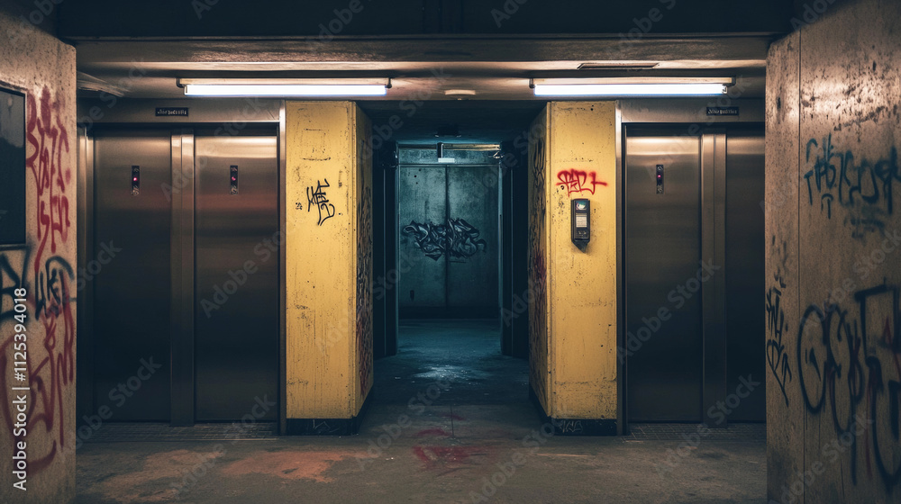 Old dirty hallway with open and closed elevator doors at night. Vector ...