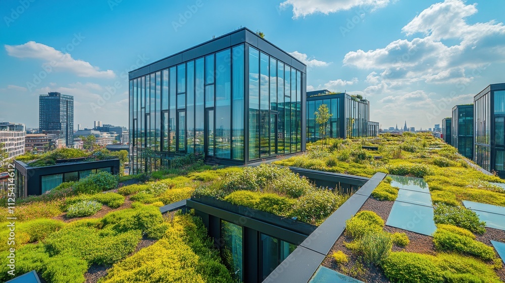 Vibrant green rooftop garden atop a modern glass building. A ...