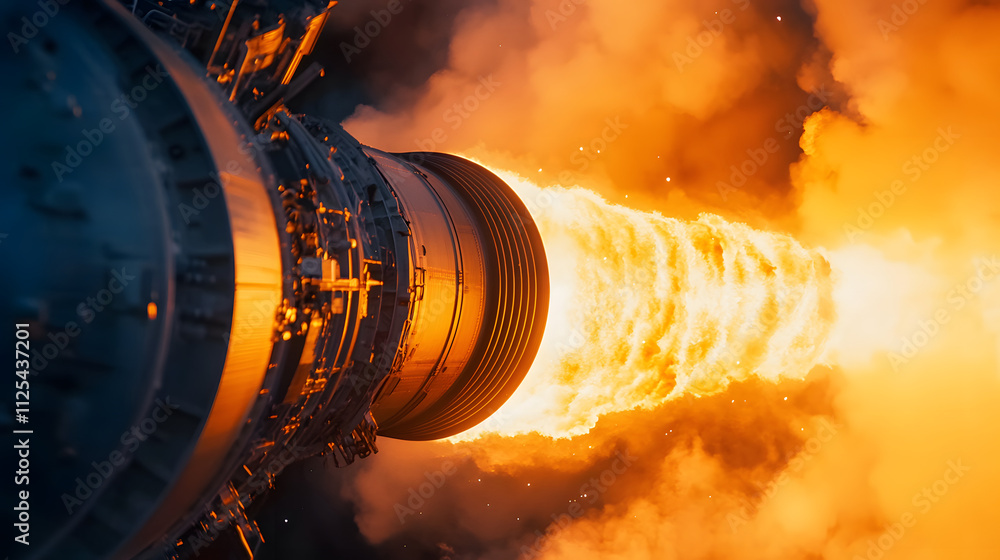Poster A close-up view of a rocket engine firing during takeoff with ...