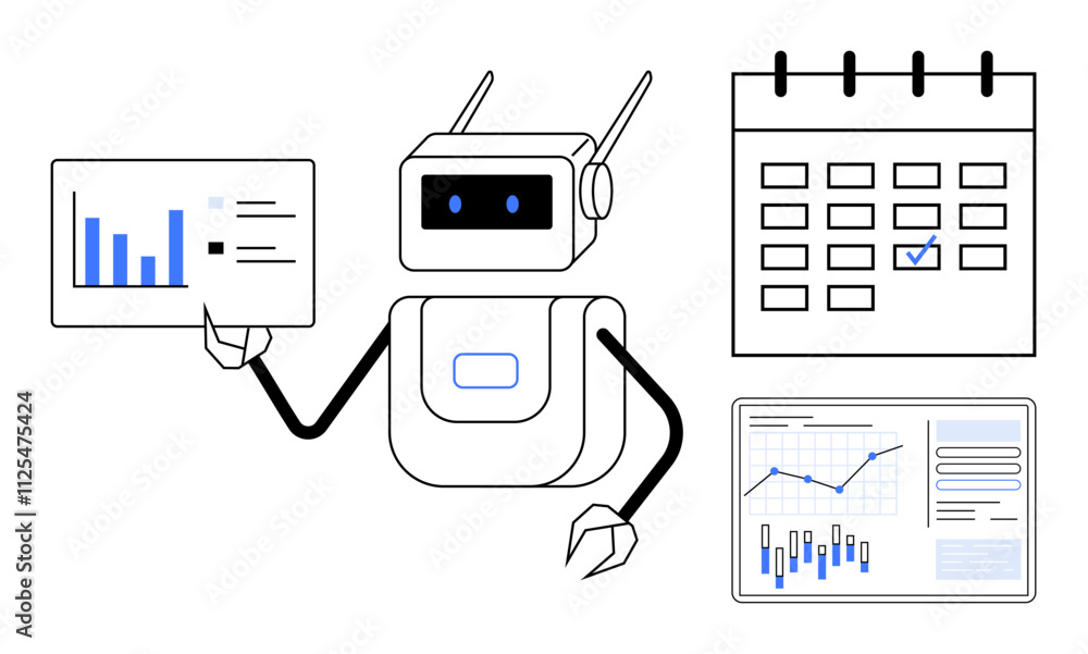 Robot presenting data charts, reviewing calendar with checkmark, and ...